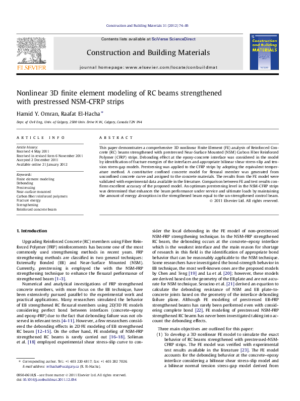 Pdf Nonlinear 3d Finite Element Modeling Of Rc Beams Strengthened With Prestressed Nsm Cfrp Strips