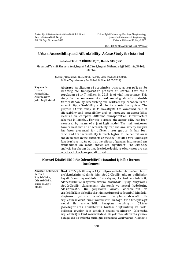 (PDF) Urban Accessibility and Affordability: A Case Study for Istanbul