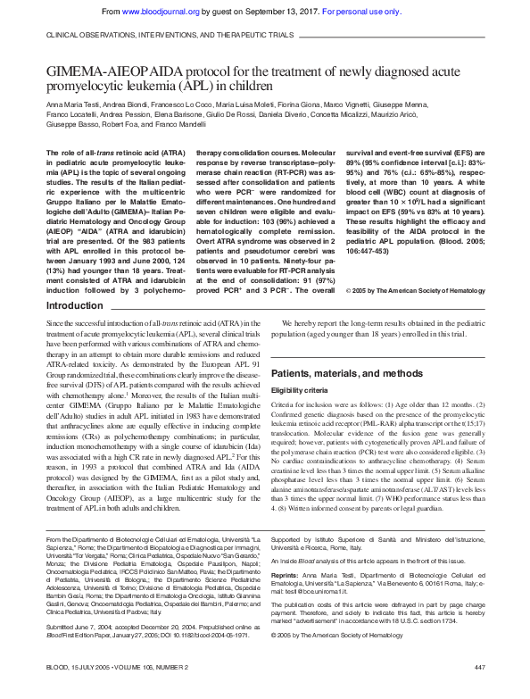 (PDF) GIMEMA-AIEOPAIDA protocol for the treatment of newly diagnosed ...