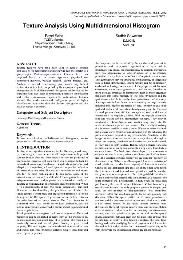 Pdf Texture Analysis Using Multidimensional Histogram