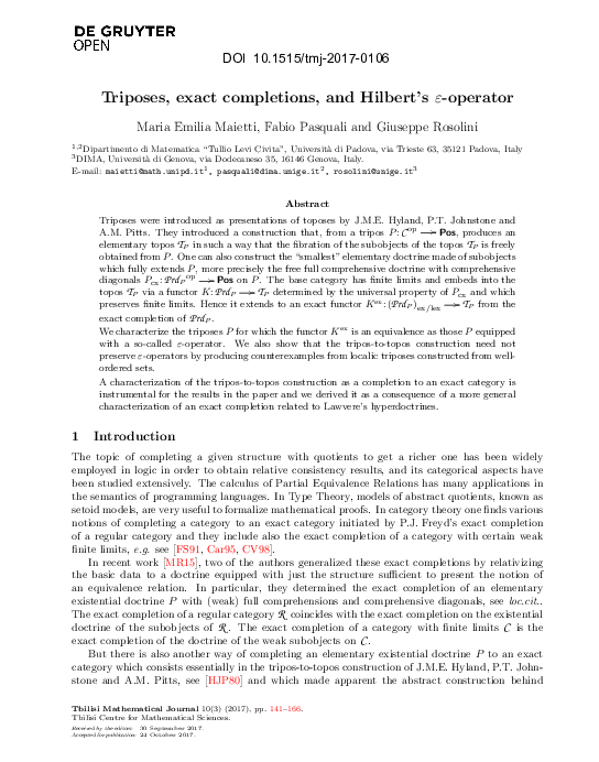 (PDF) Triposes, exact completions, and Hilbert's ε-operator