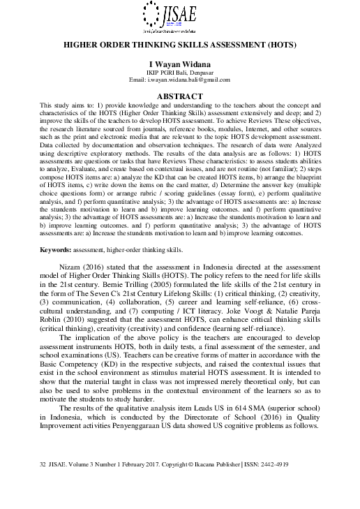 (PDF) Higher Order Thinking Skills Assessment (Hots)