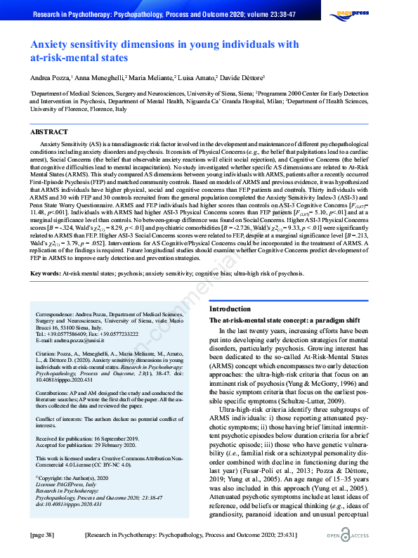 (PDF) Anxiety sensitivity dimensions in young individuals with at-risk ...