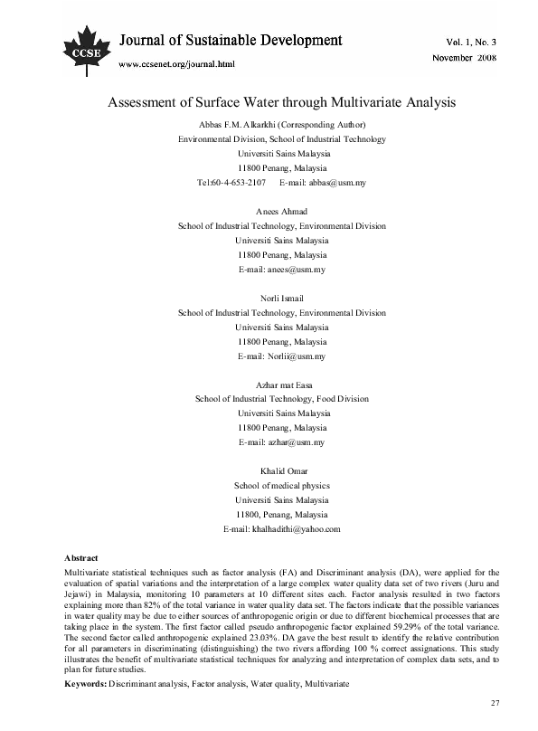 Pdf Assessment Of Surface Water Through Multivariate Analysis