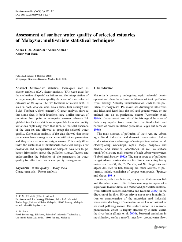 Pdf Assessment Of Surface Water Quality Of Selected Estuaries Of Malaysia Multivariate