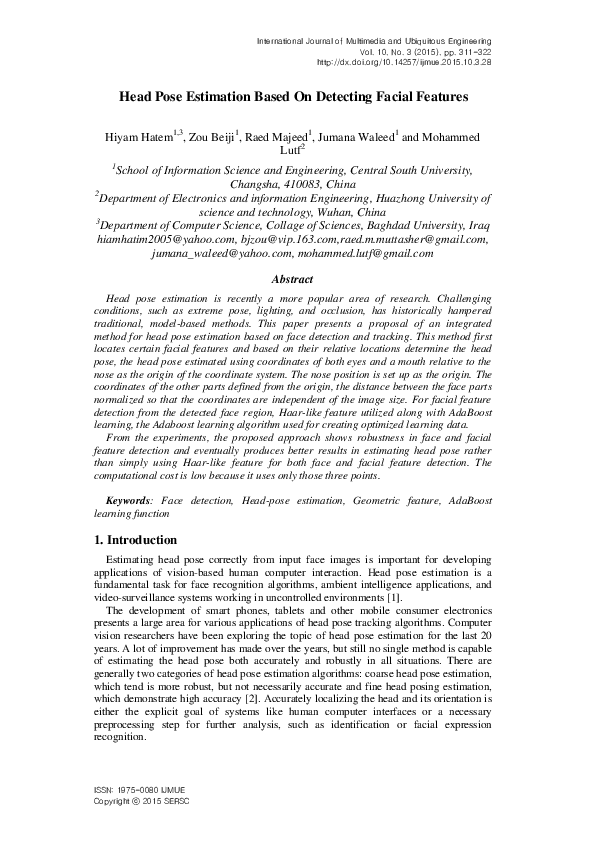 Pdf Head Pose Estimation Based On Detecting Facial Features