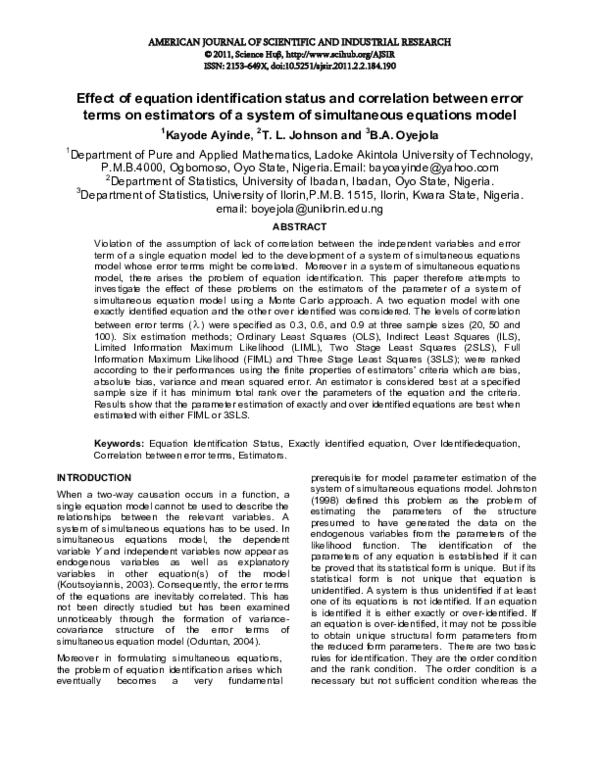 (PDF) Effect of equation identification status and correlation between error terms on estimators ...