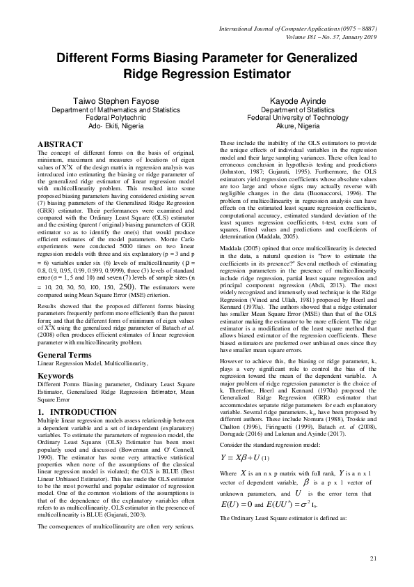 Pdf Different Forms Biasing Parameter For Generalized Ridge Regression Estimator