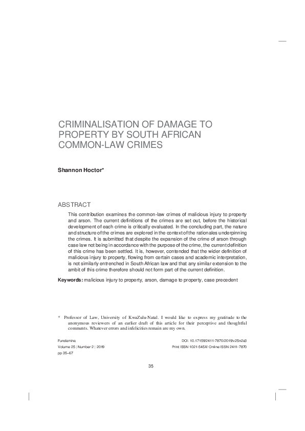 (PDF) Criminalisation of damage to property by South African common-law ...