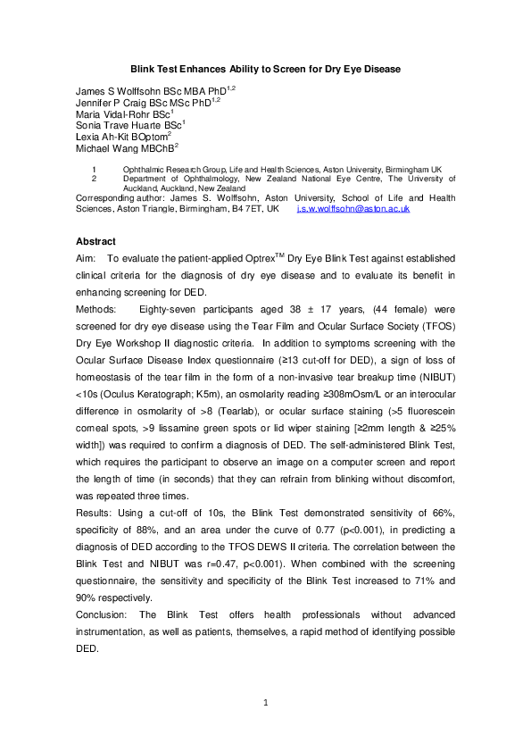 (PDF) Blink Test enhances ability to screen for dry eye disease