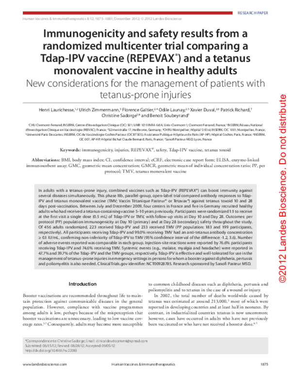 (PDF) Immunogenicity and safety results from a randomized multicenter ...