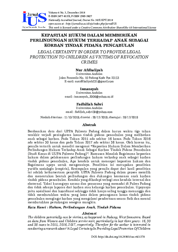 (PDF) Kepastian Hukum Dalam Memberikan Perlindungan Hukum Terhadap Anak Sebagai Korban Tindak ...