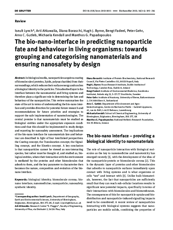 (PDF) The bio-nano-interface in predicting nanoparticle fate and ...