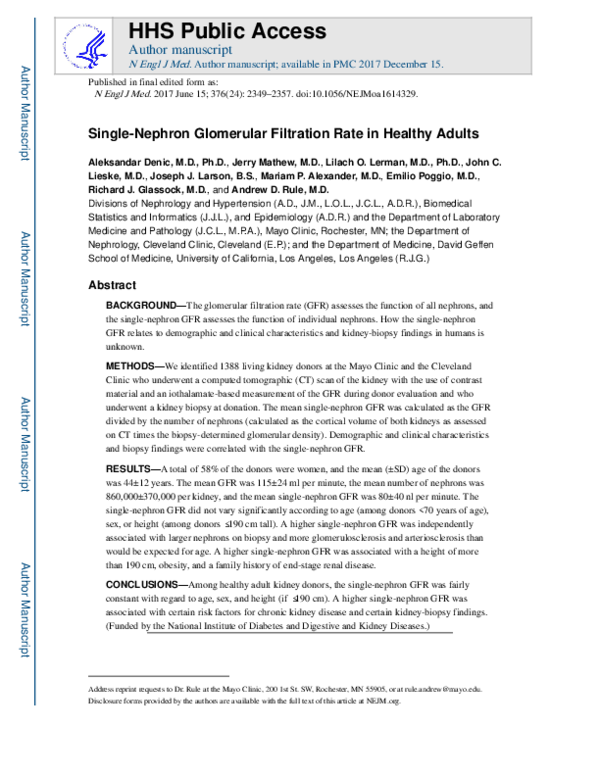 (PDF) Single-Nephron Glomerular Filtration Rate in Healthy Adults