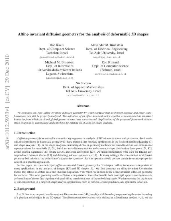 (PDF) Affine-invariant diffusion geometry for the analysis of deformable 3D shapes