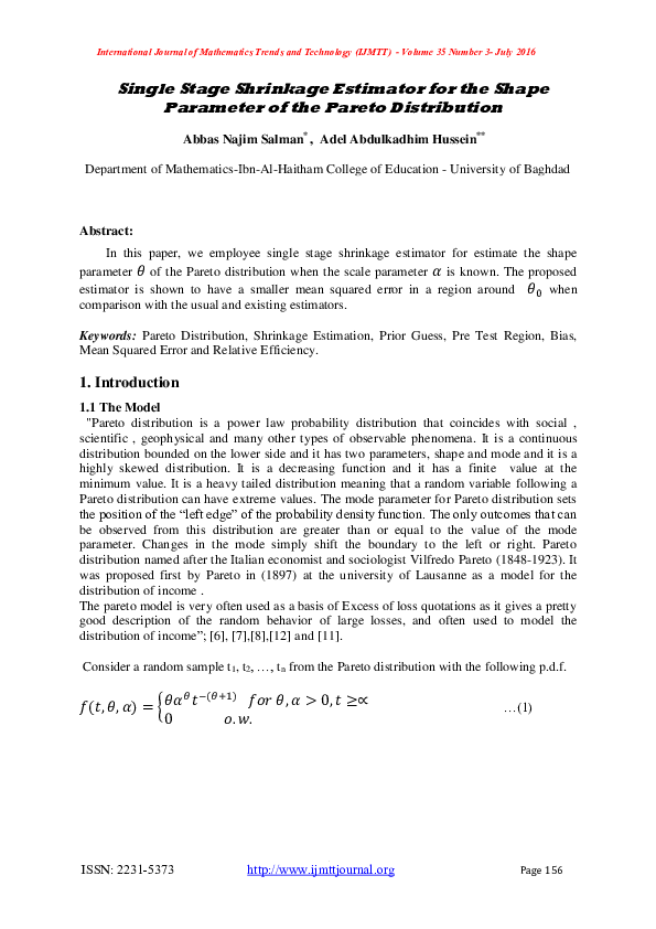 Pdf Single Stage Shrinkage Estimator For The Shape Parameter Of The Pareto Distribution