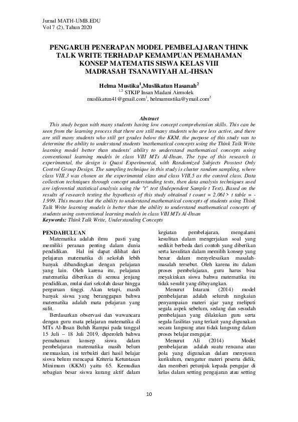 (PDF) Pengaruh Penerapan Model Pembelajaran Think Talk Write Terhadap Kemampuan Pemahaman Konsep ...