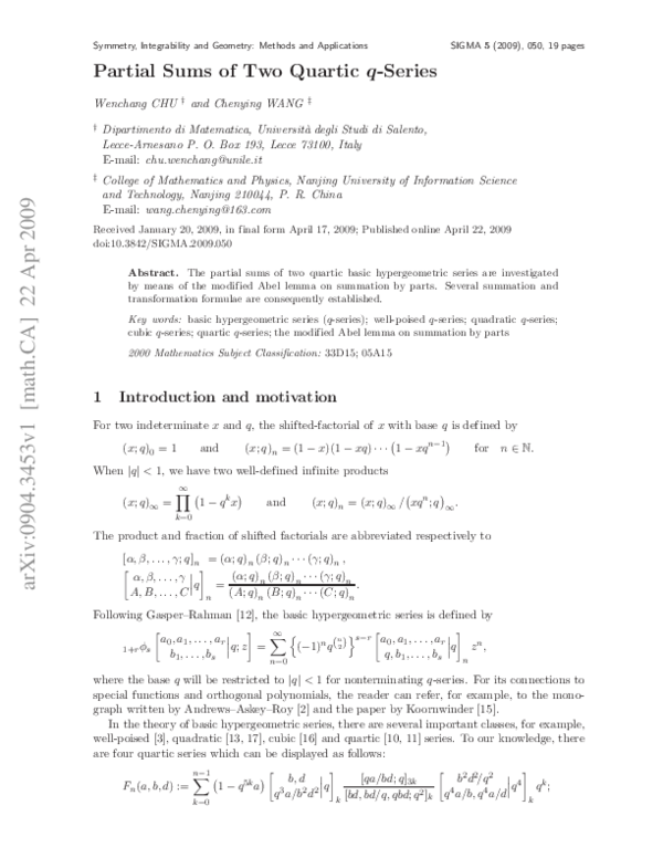 (PDF) Partial Sums of Two Quartic q-Series