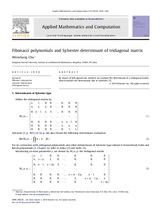 Pdf Fibonacci Polynomials And Sylvester Determinant Of Tridiagonal Matrix