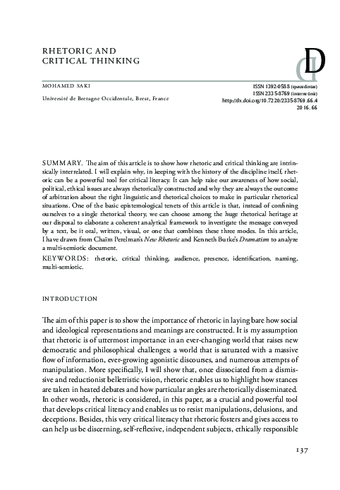 (PDF) Rhetoric and critical thinking