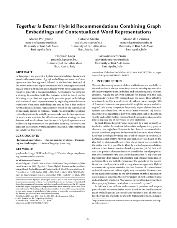 (PDF) Together is Better: Hybrid Recommendations Combining Graph Embeddings and Contextualized ...