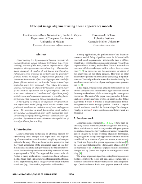 (PDF) Efficient image alignment using linear appearance models