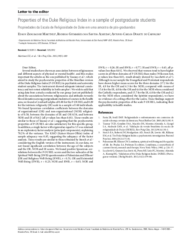 (PDF) Propriedades da Escala de Religiosidade de Duke em uma amostra de ...