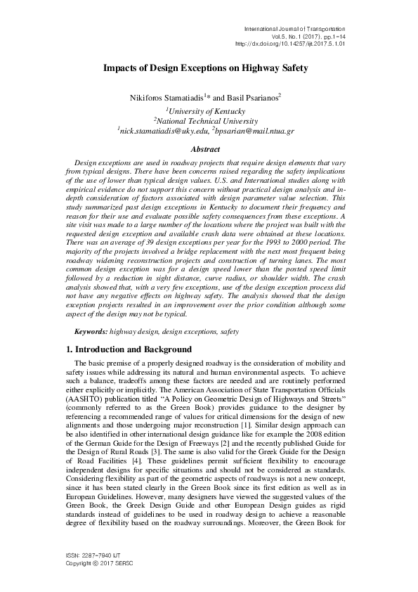 (PDF) Impacts of Design Exceptions on Highway Safety
