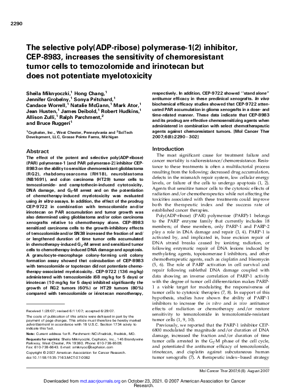 (PDF) The selective poly(ADP-ribose) polymerase-1(2) inhibitor, CEP-8983, increases the ...