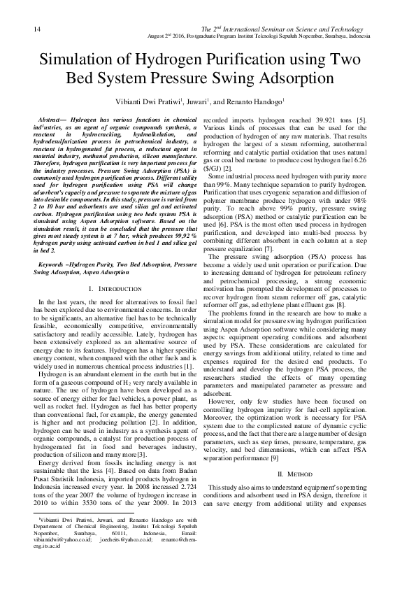Pdf Simulation Of Hydrogen Purification Using Two Bed System Pressure Swing Adsorption