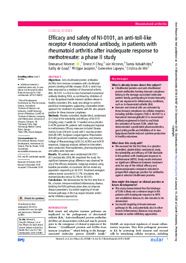 (PDF) Efficacy and safety of NI-0101, an anti-toll-like receptor 4 monoclonal antibody, in ...