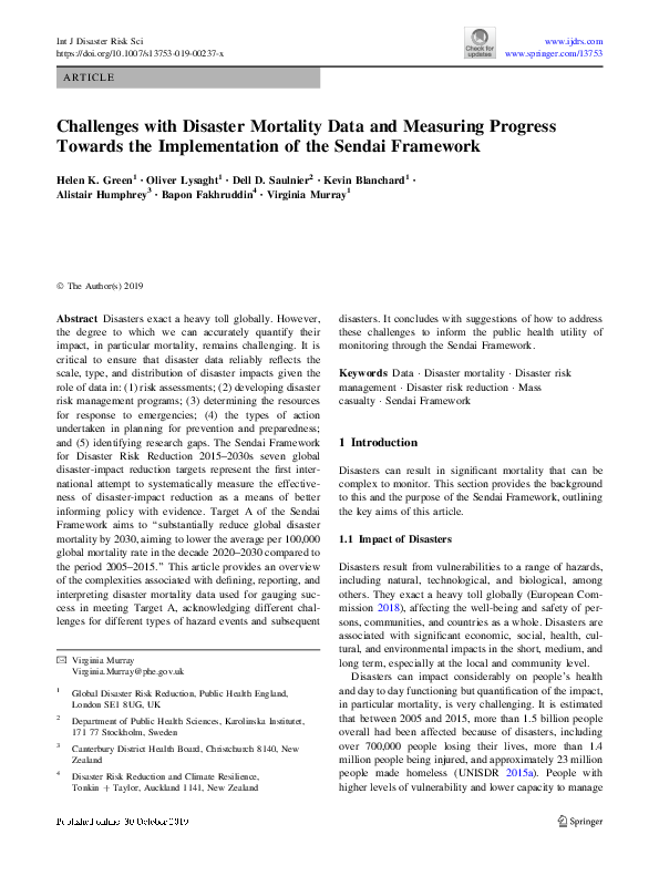 Challenges with Disaster Mortality Data and Measuring Progress Towards the Implementation of the ...