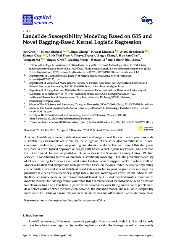 (PDF) Landslide Susceptibility Modeling Based on GIS and Novel Bagging-Based Kernel Logistic ...
