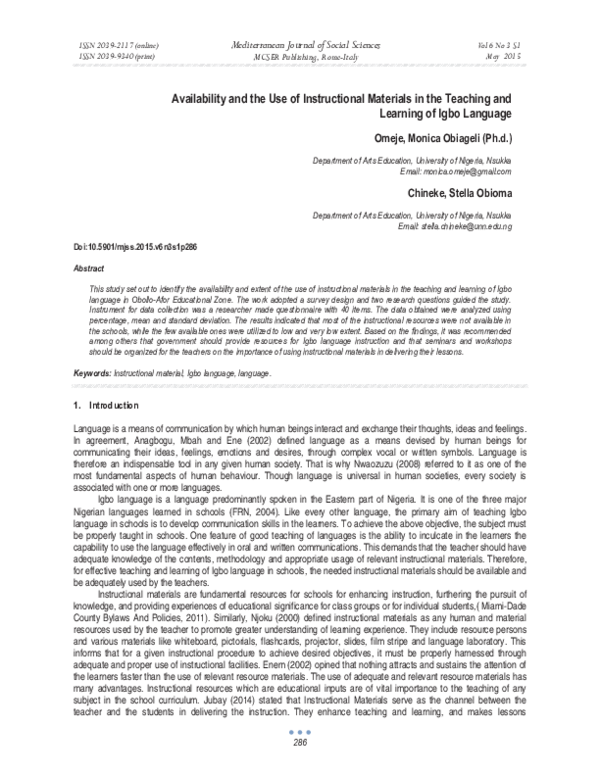 (PDF) Availability and the Use of Instructional Materials in the Teaching and Learning of Igbo ...