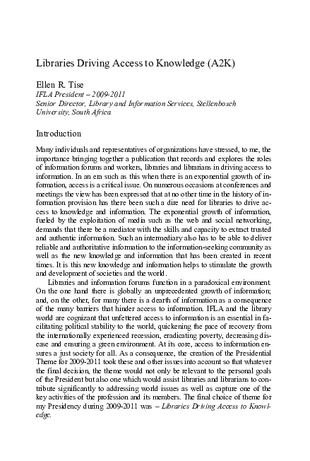 (PDF) Libraries Driving Access to Knowledge (A2K) | Ellen Tise ...