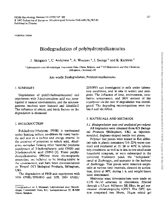 (PDF) Biodegradation of polyhydroxyalkanoates