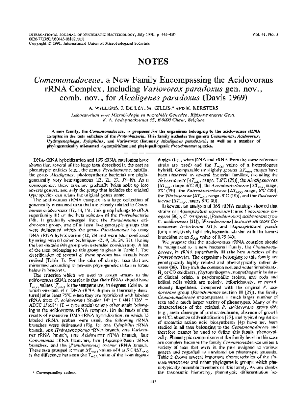 (PDF) NOTES: Comamonadaceae, a New Family Encompassing the Acidovorans ...