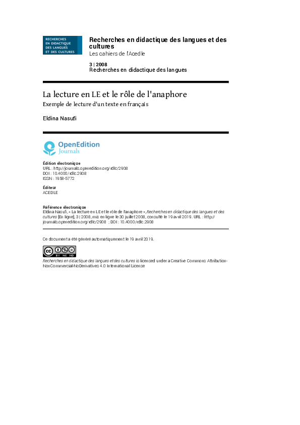(PDF) La lecture en LE et le rôle de l'anaphore