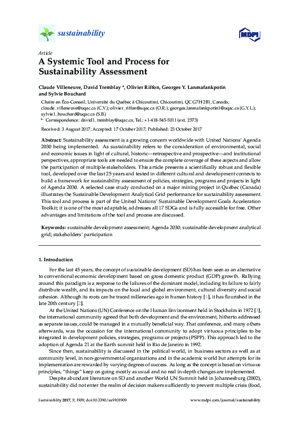(PDF) A Systemic Tool and Process for Sustainability Assessment