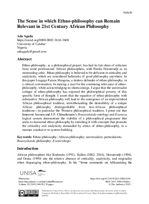 (PDF) The Sense in which Ethno-philosophy can Remain Relevant in 21st ...