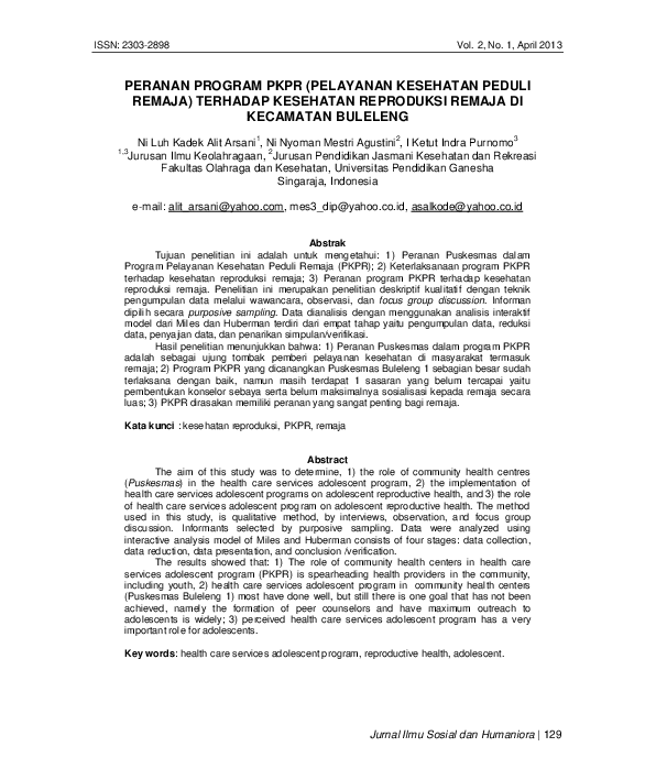 (PDF) PERANAN PROGRAM PKPR (PELAYANAN KESEHATAN PEDULI REMAJA) TERHADAP ...