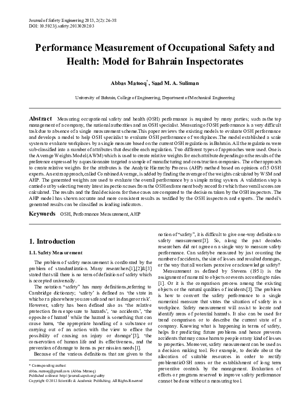 (PDF) Performance Measurement of Occupational Safety and Health: Model ...