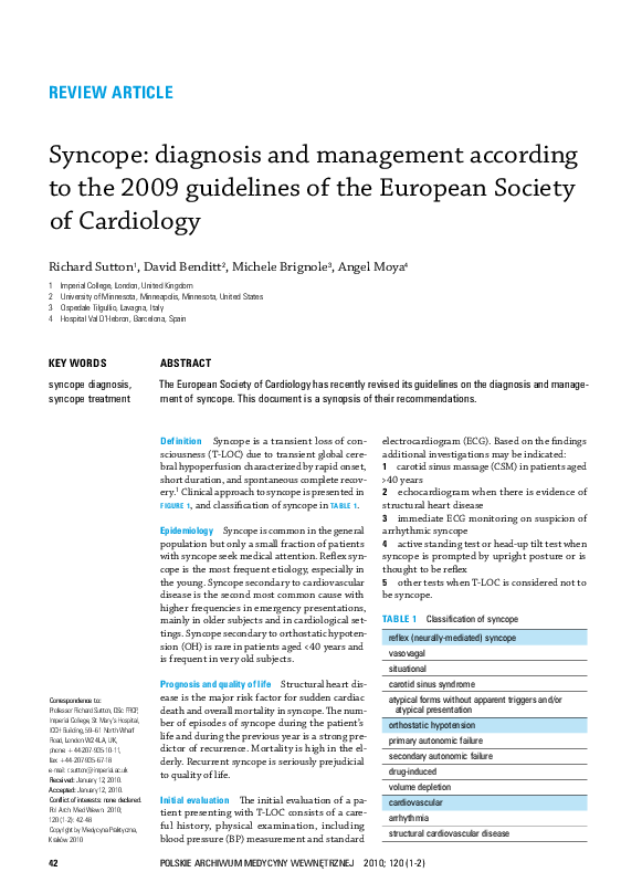 (PDF) Syncope: diagnosis and management according to the 2009 ...