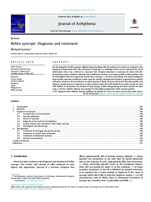 (PDF) Reflex syncope: Diagnosis and treatment