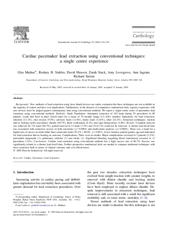 (PDF) Cardiac pacemaker lead extraction using conventional techniques:a ...