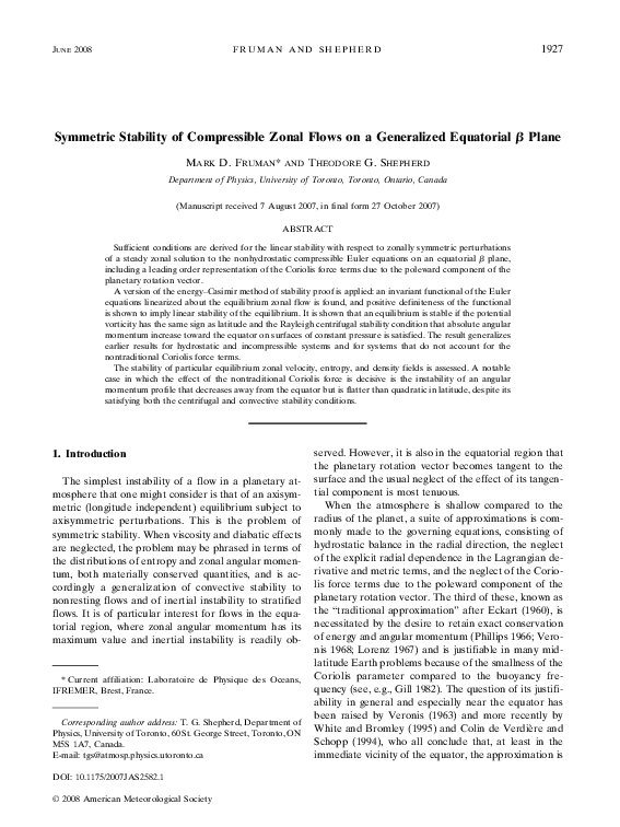 (PDF) Symmetric Stability of Compressible Zonal Flows on a Generalized Equatorial β Plane