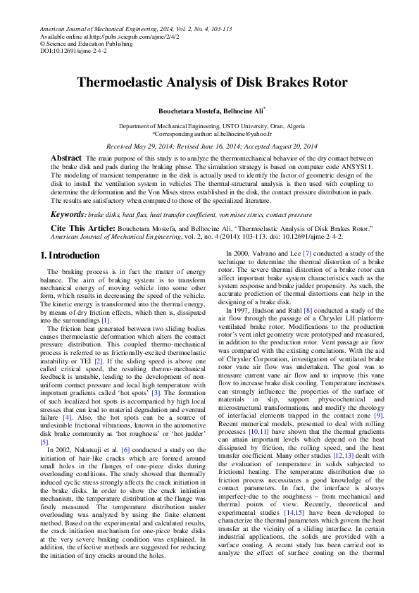 (PDF) Thermoelastic Analysis of Disk Brakes Rotor