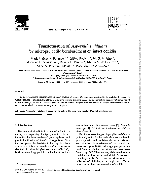 (PDF) Transformation of Aspergillus nidulans by microprojectile ...