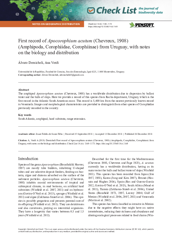 (PDF) First record of Apocorophium acutum (Chevreux, 1908) (Amphipoda ...