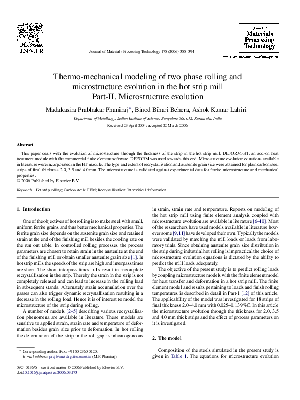 (PDF) Thermo-mechanical modeling of two phase rolling and microstructure evolution in the hot ...